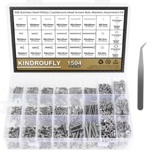 1504 pieces phillips countersunk head machine screws nuts washers kit, kindroufly m2 m3 m4 screw assortment kit, machine screws, 304 stainless steel