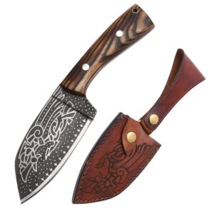 vikingsbrand norse viking-styled knife - huginn & muninn hand forged knife with raven engraving, ergonomic ash wood handle & genuine leather sheath holder - 4.7" long blade, 4.3" handle