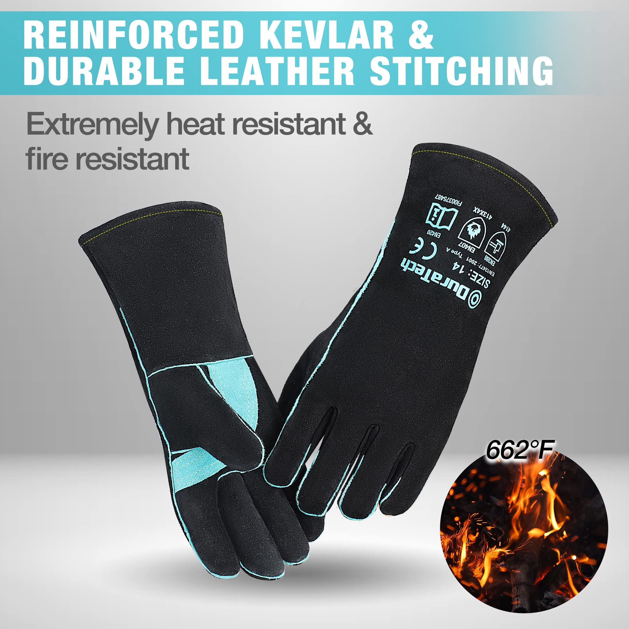 DURATECH Welding Gloves, 14″Fireplace Gloves with Kevlar Stitching, 662℉ Heat/Fire Resistant Cow Leather Gloves for Mig,Tig,Stick,Forge,BBQ,Grill, Fireplace,Wood Stove, Furnace,Pot,Oven