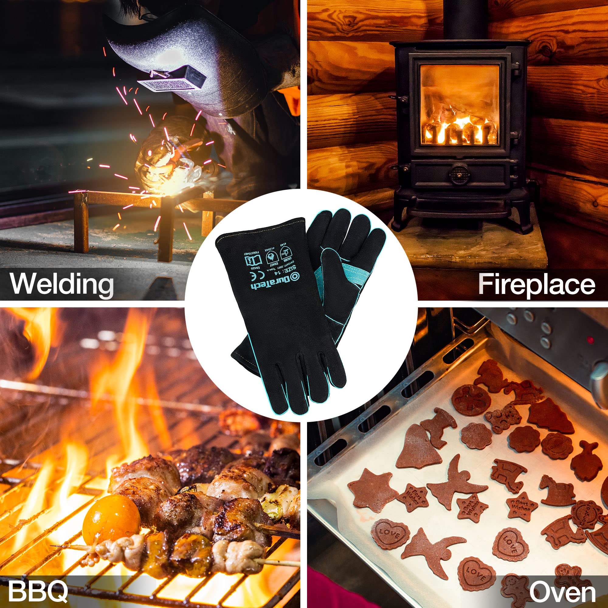 DURATECH Welding Gloves, 14″Fireplace Gloves with Kevlar Stitching, 662℉ Heat/Fire Resistant Cow Leather Gloves for Mig,Tig,Stick,Forge,BBQ,Grill, Fireplace,Wood Stove, Furnace,Pot,Oven