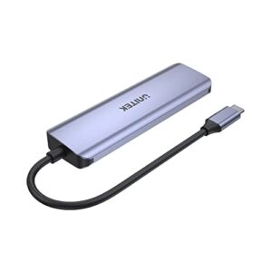 UNITEK Aluminium Hub 4-in-1 USB 3.2 Gen1 Data Transfer 5Gbps Integrated Cable 15 cm with USB-C Connector 4 USB-C Ports Plug and Play Colour Space Grey Recommended for Ultrabooks