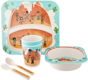 5 piece kids dinnerware set, western cowboys themed kids utensils set, bamboo fiber plate, bowl & cup, lightweight & shatterproof toddler feeding set, children safe kitchen set, fun toddler utensils