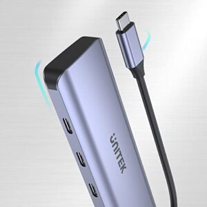 UNITEK Aluminium Hub 4-in-1 USB 3.2 Gen1 Data Transfer 5Gbps Integrated Cable 15 cm with USB-C Connector 4 USB-C Ports Plug and Play Colour Space Grey Recommended for Ultrabooks