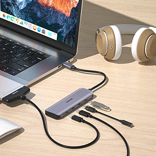 UNITEK Aluminium Hub 4-in-1 USB 3.2 Gen1 Data Transfer 5Gbps Integrated Cable 15 cm with USB-C Connector 4 USB-C Ports Plug and Play Colour Space Grey Recommended for Ultrabooks