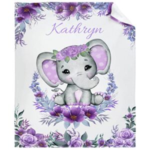 abhibhu elephant purple floral custom baby blanket, soft cozy fleece, xs for babies, personalized name blanket gifts for newborn baby shower