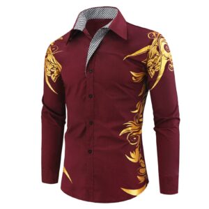 mens print button down dress shirt shiny golden printed long sleeves shirts casual floral nightclub shirt costume (dark red,medium)