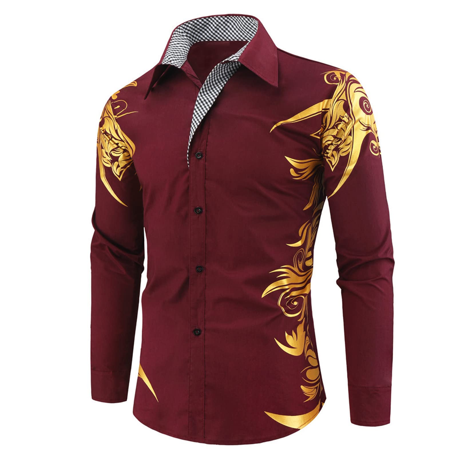 Mens Print Button Down Dress Shirt Shiny Golden Printed Long Sleeves Shirts Casual Floral Nightclub Shirt Costume (Dark Red,Medium)