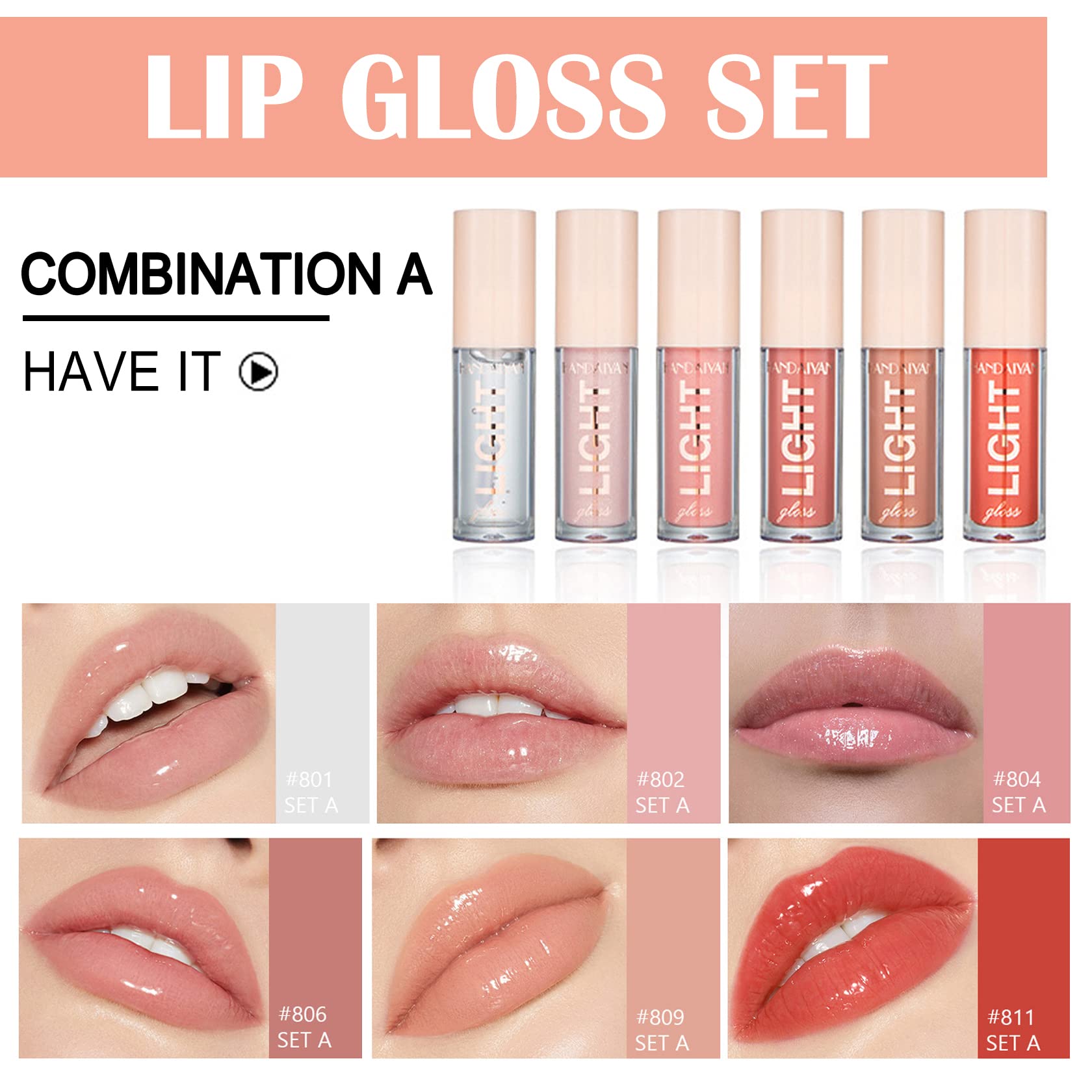 CAHIUYOA Light 6PCS Lip Gloss Set,Nude Pink Lip Gloss Kit Shine Glossy and Moisturizing,Lip Plumping Pack Bulk Liquid Lipstick for Women Girls-Set A