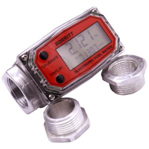 borritt 1" inch aluminum npt inlet/outlet threads lcd electronic digital display turbine fuel flow meter 0.75-inch reducer bushings for measure diesel, kerosene,gasoline oil water 32gpm max flow rate