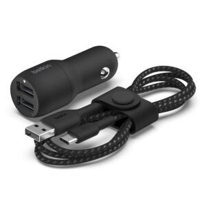 belkin boostcharge 24w usb 2-port car charger adapter - dual-port car charger w/ 12w fast charging ports & included usb-c to usb-a braided cable w/strap for iphone 15, samsung galaxy, & more - black