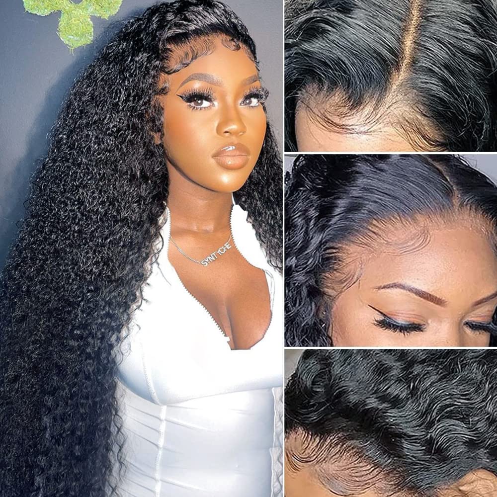 30 Inch Lace Front Wig Human Hair Pre Plucked with Baby Hair 13x4 Hd Lace Front Wigs for Women Curly Lace Frontal Wigs Human Hair 180 Density Brazilian Glueless Kinky Curly Human Hair Wigs Natural Black