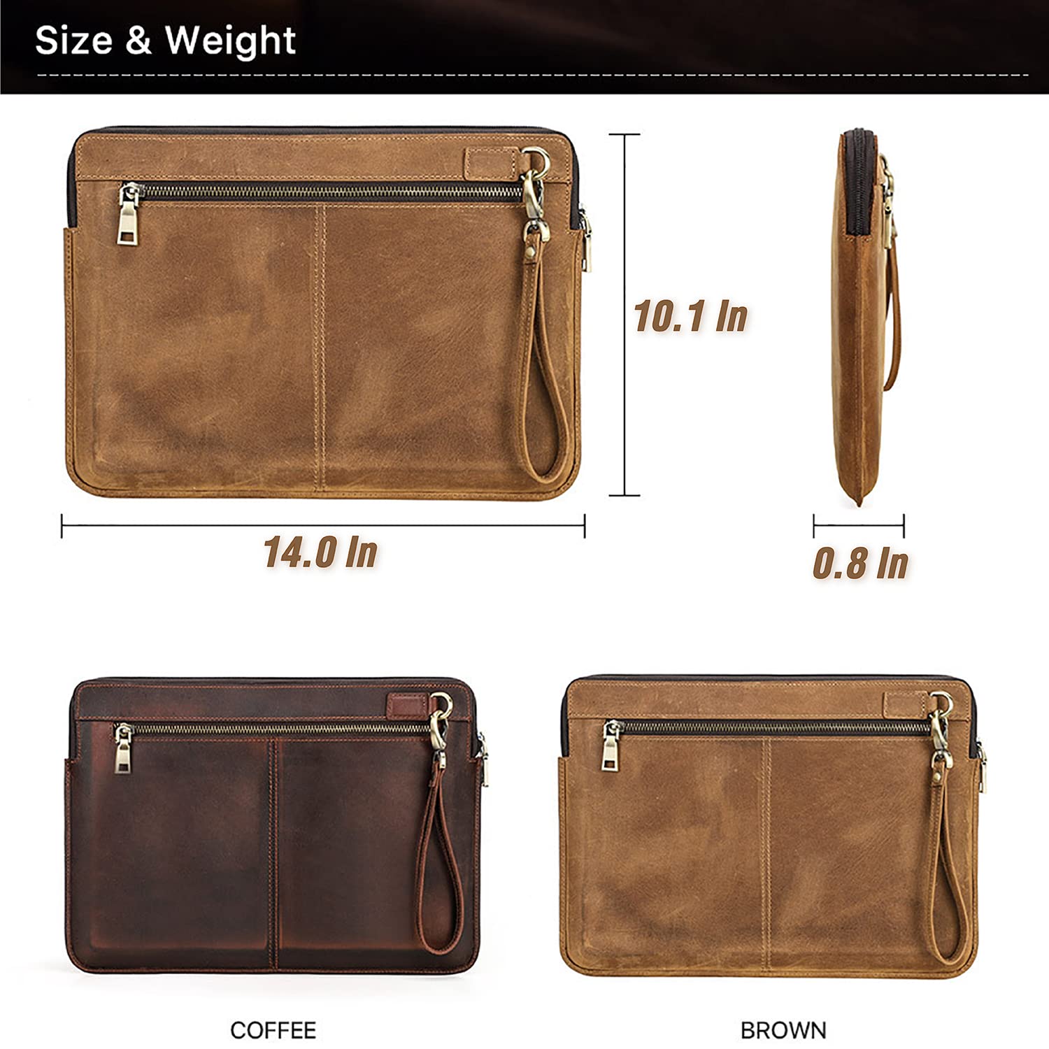 CataPurus Top Grain Leather 14.2" Laptop Case Bag, Zip Pockets Design, Compatible with MacBook Air 13" M2 A2681 M1 A2337 A2179 A1932/Pro 13" M2 M1 A2338 A2251 A2289 A2159 A1989 A1706, Coffee 14.2 Inch