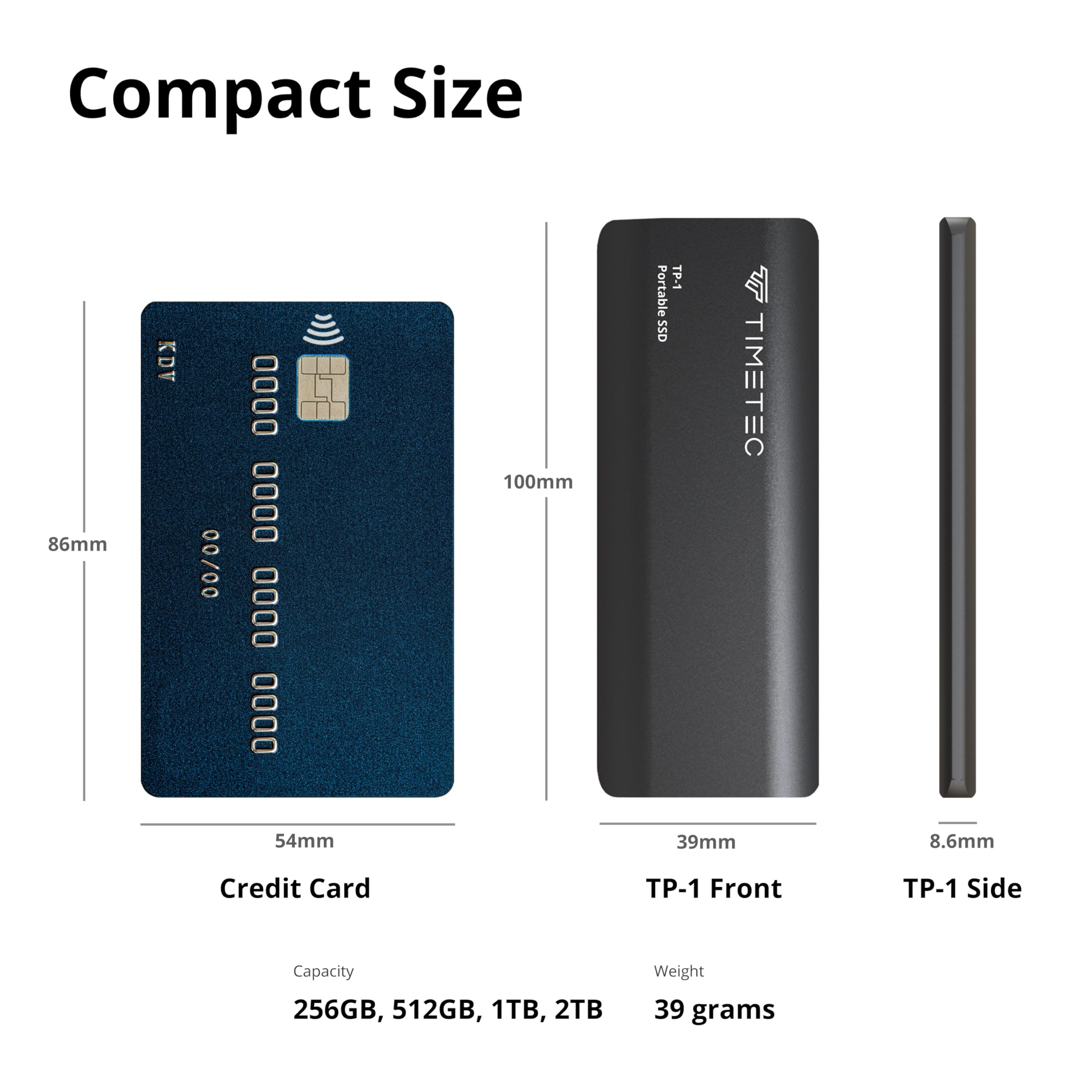 Timetec 1TB Portable External SSD USB3.2 Gen2 Type C Up to 550MB/s Ultra-Light Aluminum Mini External Solid State Drive with USB C to A Cable/USB A to C Adapter for Desktops/Laptop/Mac/Mobile - Black