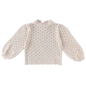 tibe pincess baby girls lace sweater toddler cotton knit pullovers kids crochet ruffle lantern sleeve blouses jumper tops(beige 3-4 years)