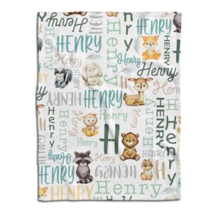 encycom personalized woodland monogram animal blanket with name, woodland nursery blanket, woodland fleece blanket, blanket with animal lover, green blanket for boy