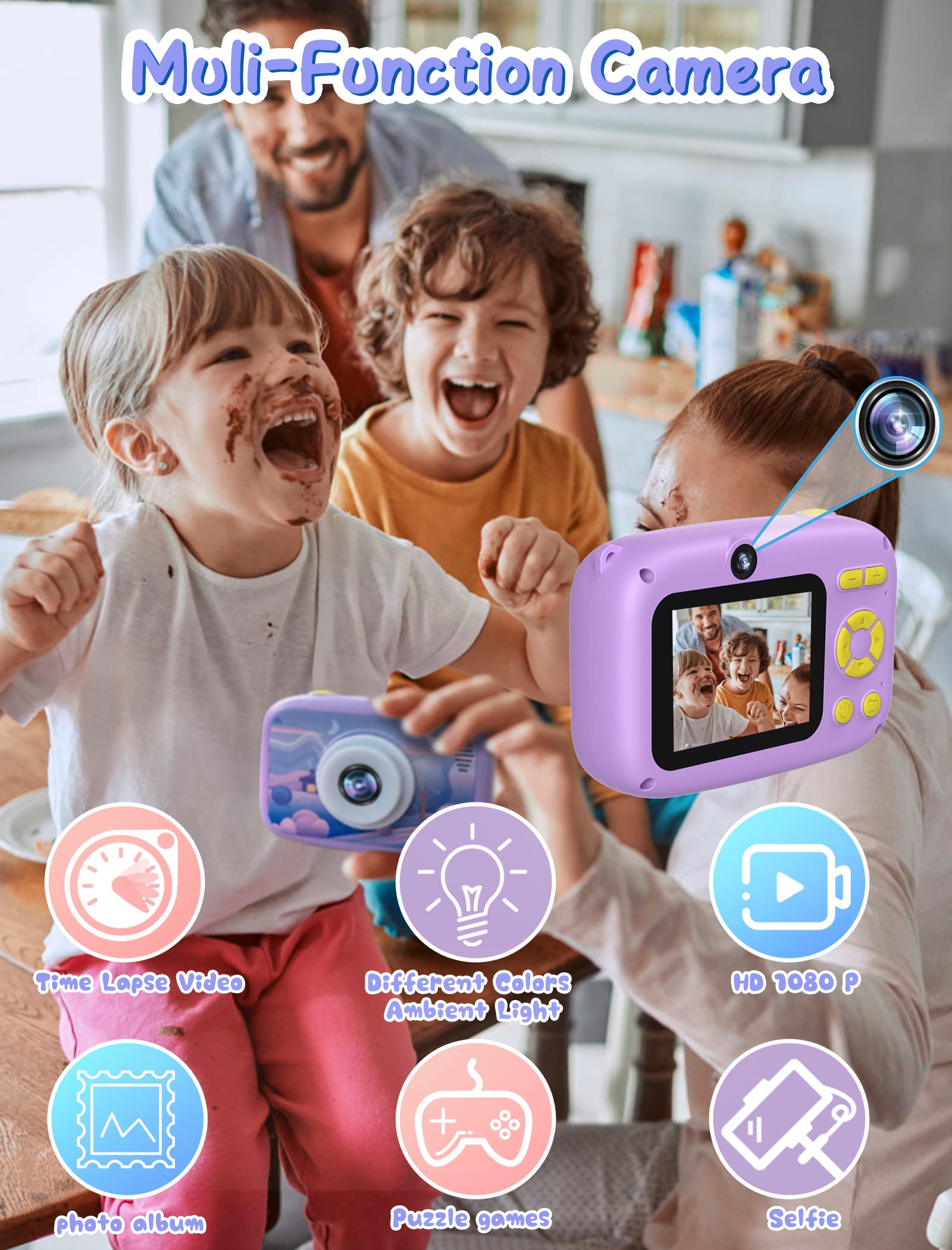 MIIULODI Kids Camera, Christmas Birthday Gift for Kids 3-12 Year Old Girl Boy 2.4 Inch Time-Lapse Video Record Scientific Children Digital Cameras Toddler Night Light Toys for 4 5 6 7 8 Year Old