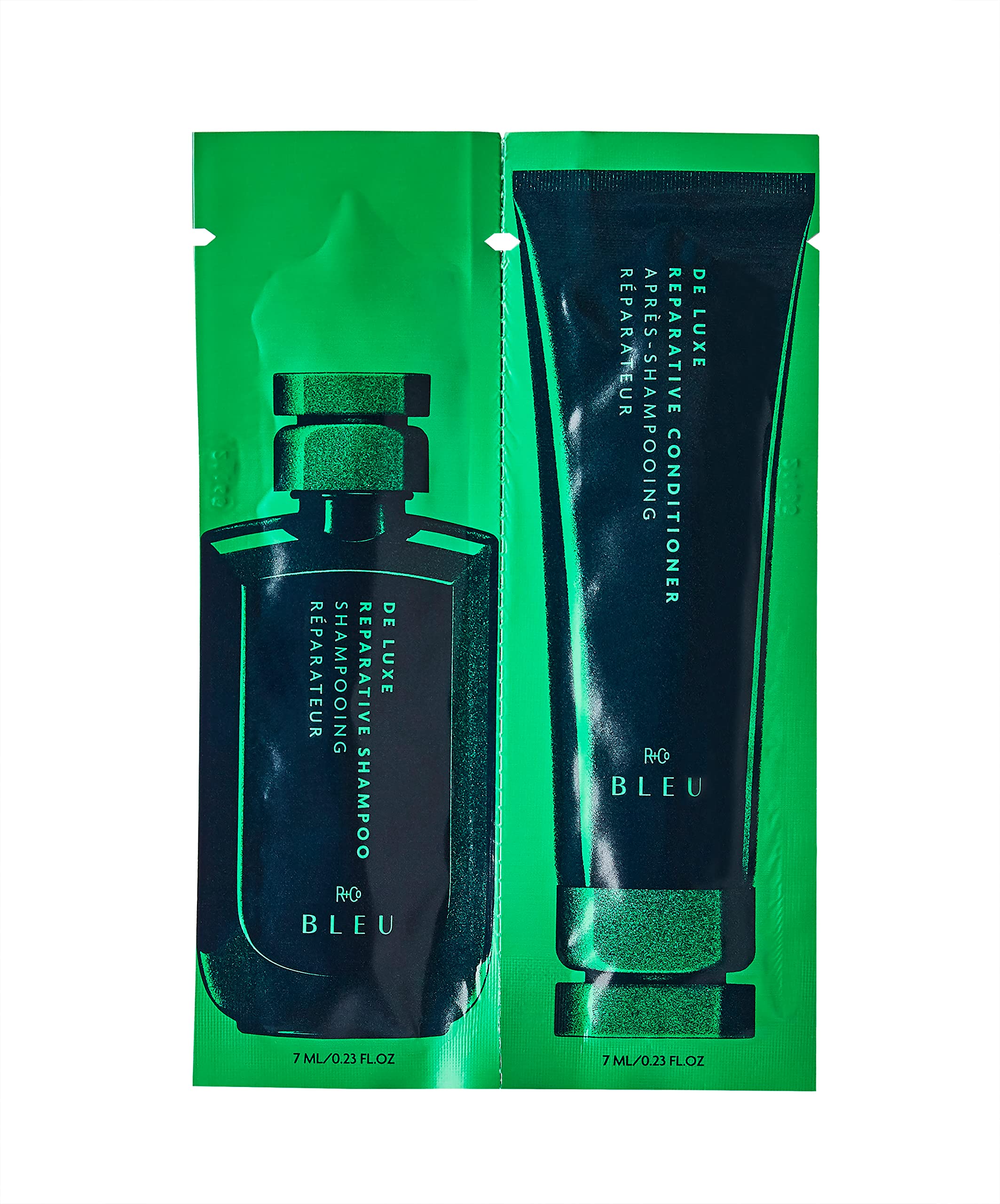 R+Co BLEU De Luxe Reparative Shampoo + Conditioner Tandem Packette | Hydrates + Strengthens + Adds Shine | Vegan, Sustainable + Cruelty-Free | 14ml