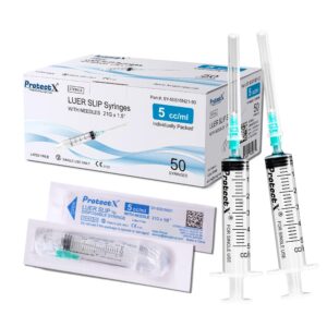 protectx 5ml disposable luer slip sterile syringe with 21ga 1.5” needle, individually sealed, smooth and accurate dispensing for science labs, 50-pack