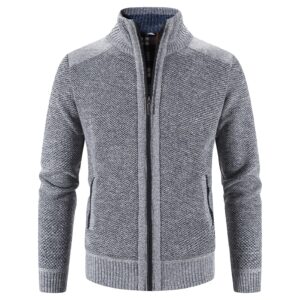 men's full zip up cardigan sweaters regular fit flannel lining knitted cardigans zipper thick knit sweater coat (light grey,x-large)