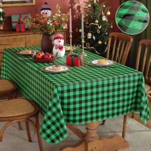 buffalo plaid vinyl christmas tablecloth rectangle 52 x 70 inch with flannel backing, waterproof & anti slip plastic tables cloths, heavy duty table cover for winter, party & holiday, green and black