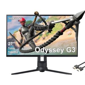 samsung odyssey g3 series 27-inch fhd 1080p gaming monitor, 144hz, 1ms, height adjustable stand, 3-sided border-less, freesync premium, with mtc hdmi cable