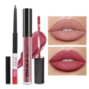 2pcs matte mauve neutral lip liner and lipstick makeup set, liquid lipstick 24h and lip liner set matt liquid lips make up waterproof long lasting high impact color lipstick matte kit（#28）