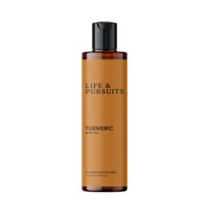 life & pursuits turmeric body oil 6.8 fl oz - ayurvedic massage oil with vitamin e, coconut oil, almond oil & squalane| reduces dark spots, brightens skin, hydrates & moisturizes (6.8 fl oz)