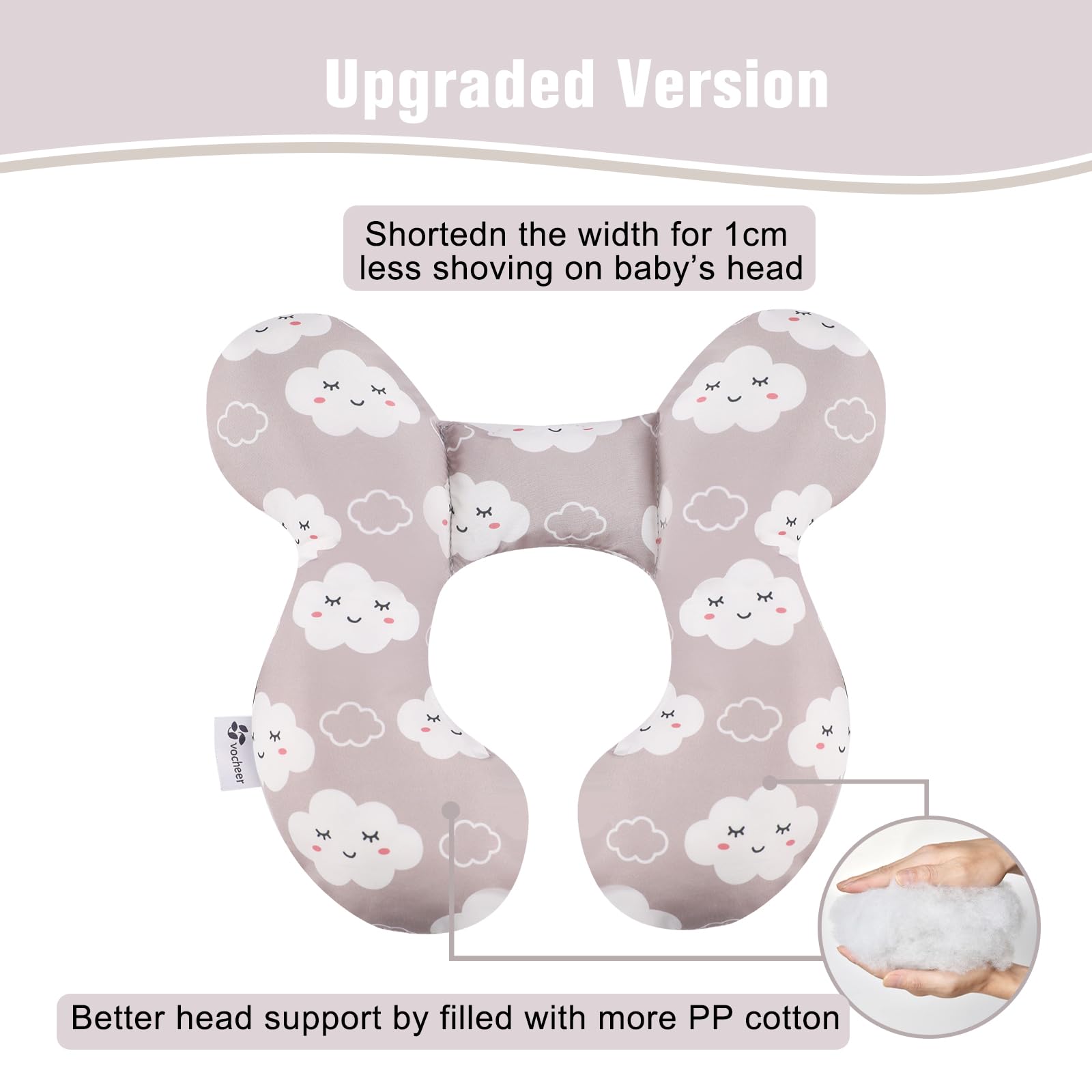 vocheer Baby Travel Pillow(Upgraded), Head and Neck Support Pillow for Pushchair, Car Seat,Stroller, Bouncer, Cotton(Grey Cloud