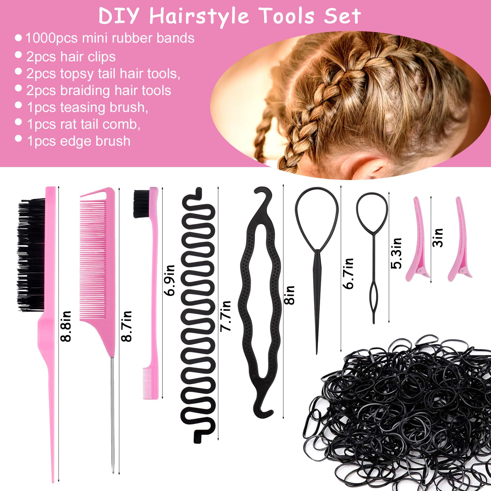 Juome Hair Styling Set: 1000+ Rubber Bands, 2 Topsy Tail Tools, 7 Braiding Accessories for Kids, Girls, Women