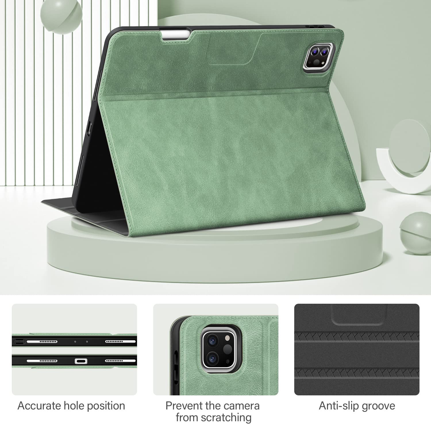 bloxflag Case for iPad Pro 11 inch 4th Generation (2022)/3rd/2nd/1st Gen(2021/2020/2018) with Pencil Holder/Pocket/Typing Angle Auto Sleep/Wake Vegan Leather iPad Pro 11 Cover (DarkGreen)