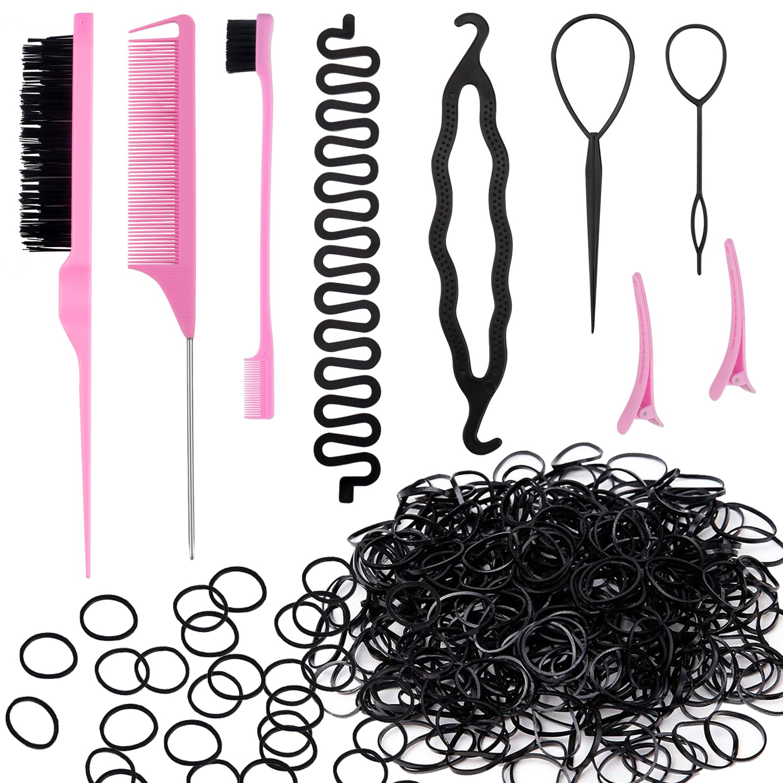 Juome Hair Styling Set: 1000+ Rubber Bands, 2 Topsy Tail Tools, 7 Braiding Accessories for Kids, Girls, Women