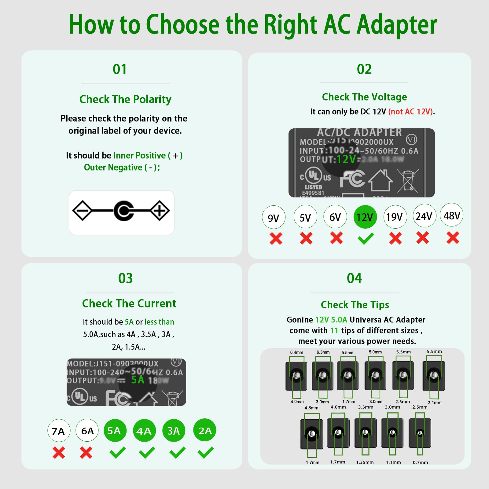 Gonine 12V 5A Monitor Power Supply Adapter White, 60W Power Cord Replacement for 12Volts LED Monitor Security Cameras LED Strips