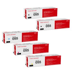 5 pack 055 bk/c/m/y toner cartridge: compatible crg-055 replacement for canon i-sensys lbp660 mf740 series imageclass lbp660c lbp664cdw lbp664cx mf740c mf745cdw mf741cdw mf740 series printer