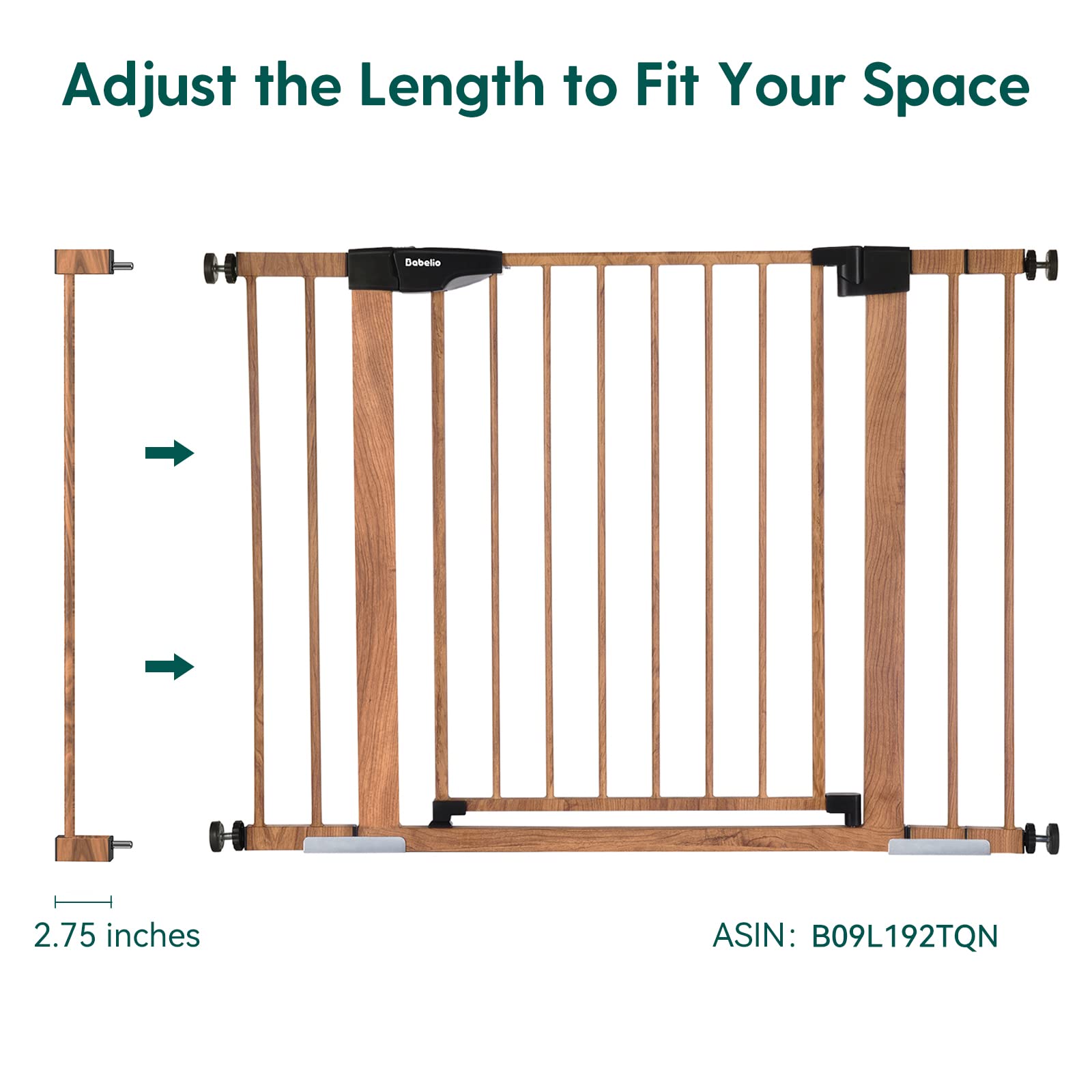 Babelio Metal Baby Gate with Wood Pattern, 26-43" Easy Install Pressure Mounted Dog Gate, No Drilling, No Tools Required, Ideal for Stairs and Doorways, with Wall Protectors and Extenders