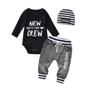 kulcerry infant baby boy clothes new to the crew letter print long sleeve romper + pants + hat 3pcs outfits set（black, 0-3 months