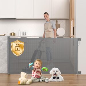 hamopy retractable baby gate, 33" tall, extends up to 72" baby gates extra wide, mesh gates for kids or pets with alarm, durable child safety gate for doorways, stairs, hallways, indoor/outdoor (grey)