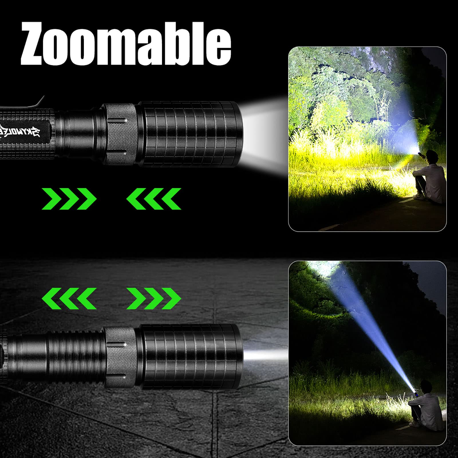 LED Flashlights 4-pcs Rechargeable Batter￵y and Battery Charger 4 Bay Dual Power Flashlight with Clip 5 Modes Water Resistant High Lumen for Hiking Camping Hunting Fishing (Green)