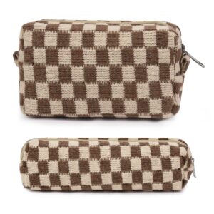 soidram large capacity makeup bag and brush storage bag - checkered cosmetic bag and travel toiletry organizer