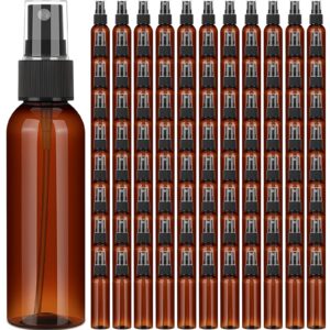 nuogo 100 pack plastic spray bottles 2 oz reusable mini perfume refillable bottle travel size mist bottle sprayer empty spritz bottle for household use, essential oil, cleaning (amber)