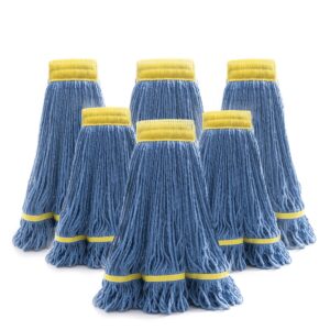 matthew cleaning products 6pack mop heads commerical grade cotton loop-end heavy duty string mop refills,6'' headband large wet industrial mop head replacement machine washable (blue)