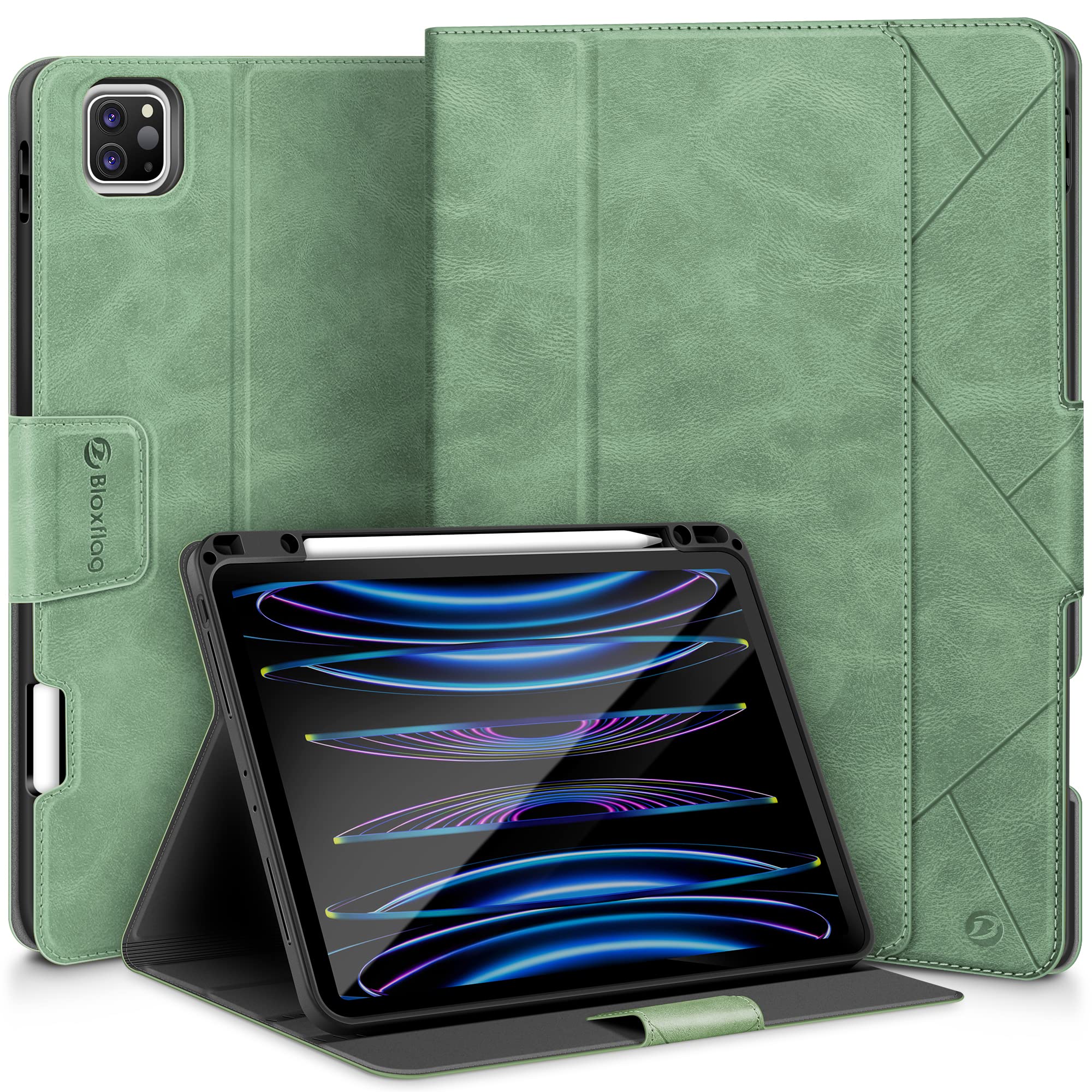 bloxflag Case for iPad Pro 11 inch 4th Generation (2022)/3rd/2nd/1st Gen(2021/2020/2018) with Pencil Holder/Pocket/Typing Angle Auto Sleep/Wake Vegan Leather iPad Pro 11 Cover (DarkGreen)