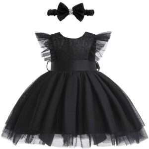 weileenice black flower baby girl tulle dress 6m/ 6-12 flutter sleeve sheer back newborn girls 1st birthday party wedding outfit lace bow headband toddler photo shoot formal tutu dresses christmas