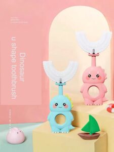 u-shaped children's toothbrush with food grade soft silicon brush head, for kids 2-6, 360 degree oral teeth cleaning design (small, pink dino)