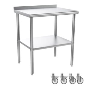 rovsun 30' x 24'' stainless steel table for prep & work,commercial worktables & workstations, nsf heavy duty metal table with wheels & backsplash for kitchen, restaurant,home,hotel