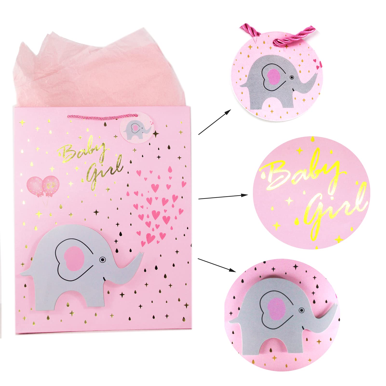 CUTERUI GIFTED 16.5" Extra Large Girl Gift Bags with 3D Elephant Patch for Baby Shower with Tissue Paper and Greeting Card (Pink Baby Girl)