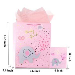 CUTERUI GIFTED 16.5" Extra Large Girl Gift Bags with 3D Elephant Patch for Baby Shower with Tissue Paper and Greeting Card (Pink Baby Girl)