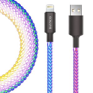 bavnco [apple mfi certified] led iphone charger cable, 5ft rgb colorful gradual light up lightning cable usb fast charging data cord for iphone 14 13 12 11 pro xs max xr x 8 7 6 ipad ipod more