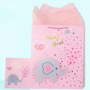 cuterui gifted 16.5" extra large girl gift bags with 3d elephant patch for baby shower with tissue paper and greeting card (pink baby girl)