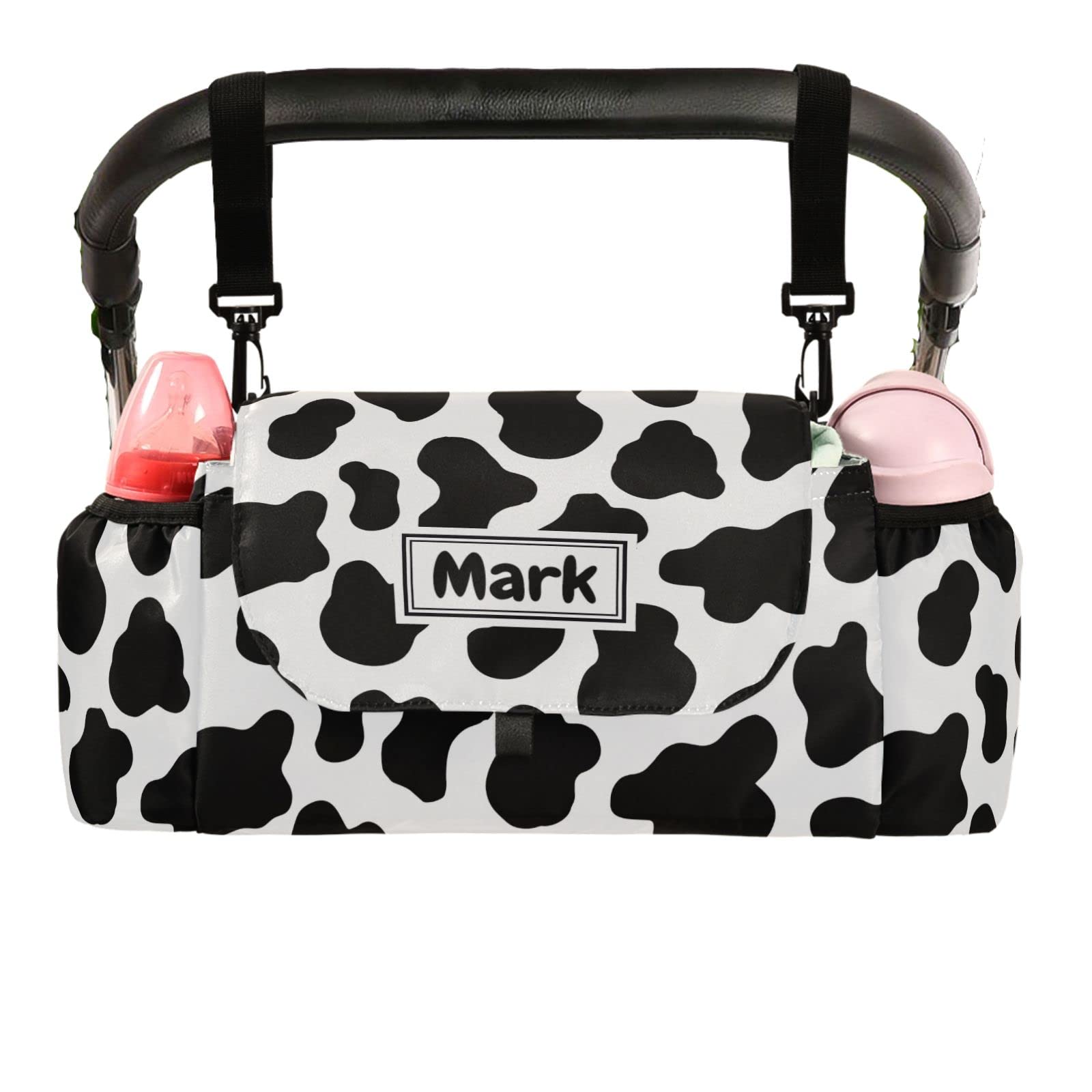 Sinestour Custom Cow Print Texture Stroller Organizer with Cup Holder Personalized Universal Stroller Organizer Bag Stroller Accessories for Diaper Toys Snacks Keys Fit All Baby Stroller