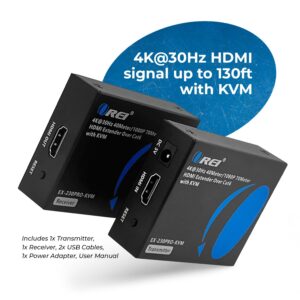 OREI KVM 4K HDMI Extender Balun Over Single CAT6/7 Ethernet Cable 4K,30Hz Upto 130 Feet - 2 USB 1.1 Ports, Supports Keyboard and Mouse